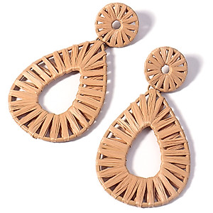 Boho Raffia Earrings Statement Teardrop Earrings Drop Dangle Bohemian Earrings for Women Cute Handmade Earring(Wheat)