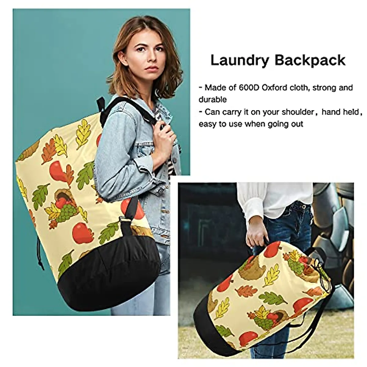 Thanksgiving Autumn Laundry Bag Heavy Duty Laundry Backpack with Shoulder Straps Handles Travel Laundry bag Drawstring Closure Dirty Clothes Organizer For College Dorm, Apartment, Camp Travel