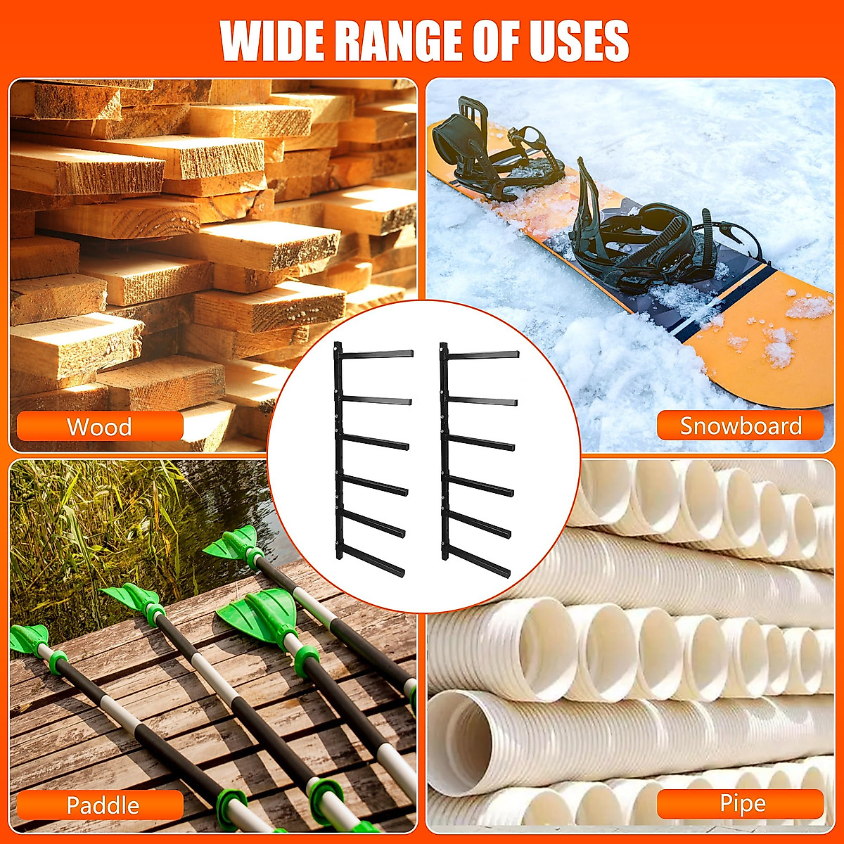 LOCKIETTA 6-Tiered Collapsible Wall Mount Lumber Storage Metal Rack, 6-Level Foldable Heavy Duty Indoor Garage Wood organizer, Outdoor Adjustable Steel Multipurpose Workshop Shelf, Holds up to 600Lbs