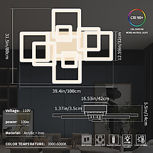 Shine LUEST Modern Dimmable LED Ceiling Lights, White Flush Mount Light Fixtures with Remote Control, Large Square 8-Ring Lamps for Living Room, Bedroom, 100W