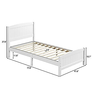 TOVRON Wood Bed Frame Twin Size with Curved Headborad and Footboard White Platform Bed with Wood Slat Single Panel Bed with Extra Support, No Box Spring Needed