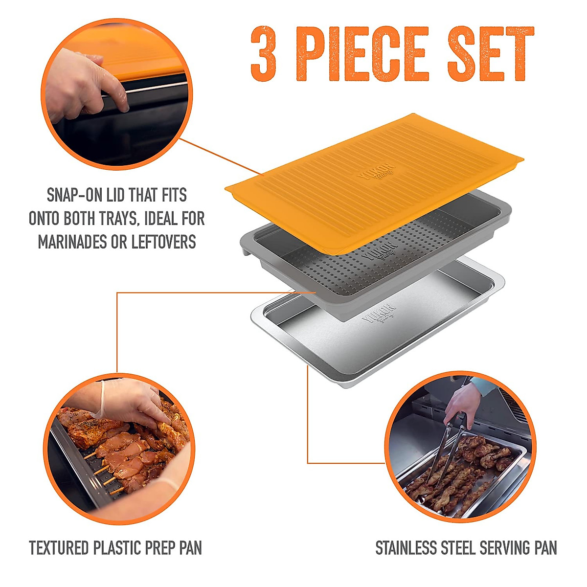 Food Prep BBQ Tray - The Yukon Glory™ Grill Prep Trays Include Plastic Marinade Container for Marinating Meat & Stainless Steel Serving Platter for All Your Grilled Barbecue - BBQ Prep 'N Serve™ Set