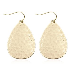 RIAH FASHION Bohemian Geometric Metallic Dangle Earrings - Leaf Marquise Pointed Oval, Coin Tiered Circle, Petal Teardrop Cutout Open Hoop (Teardrop Hammered - Matte Gold)