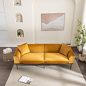 Polibi Modern Velvet Sofa with Metal Legs and 2 Pillows, Upholstered Sofa Couch for Living Room, Bedroom, Up to 3 Person Capacity, Mustard