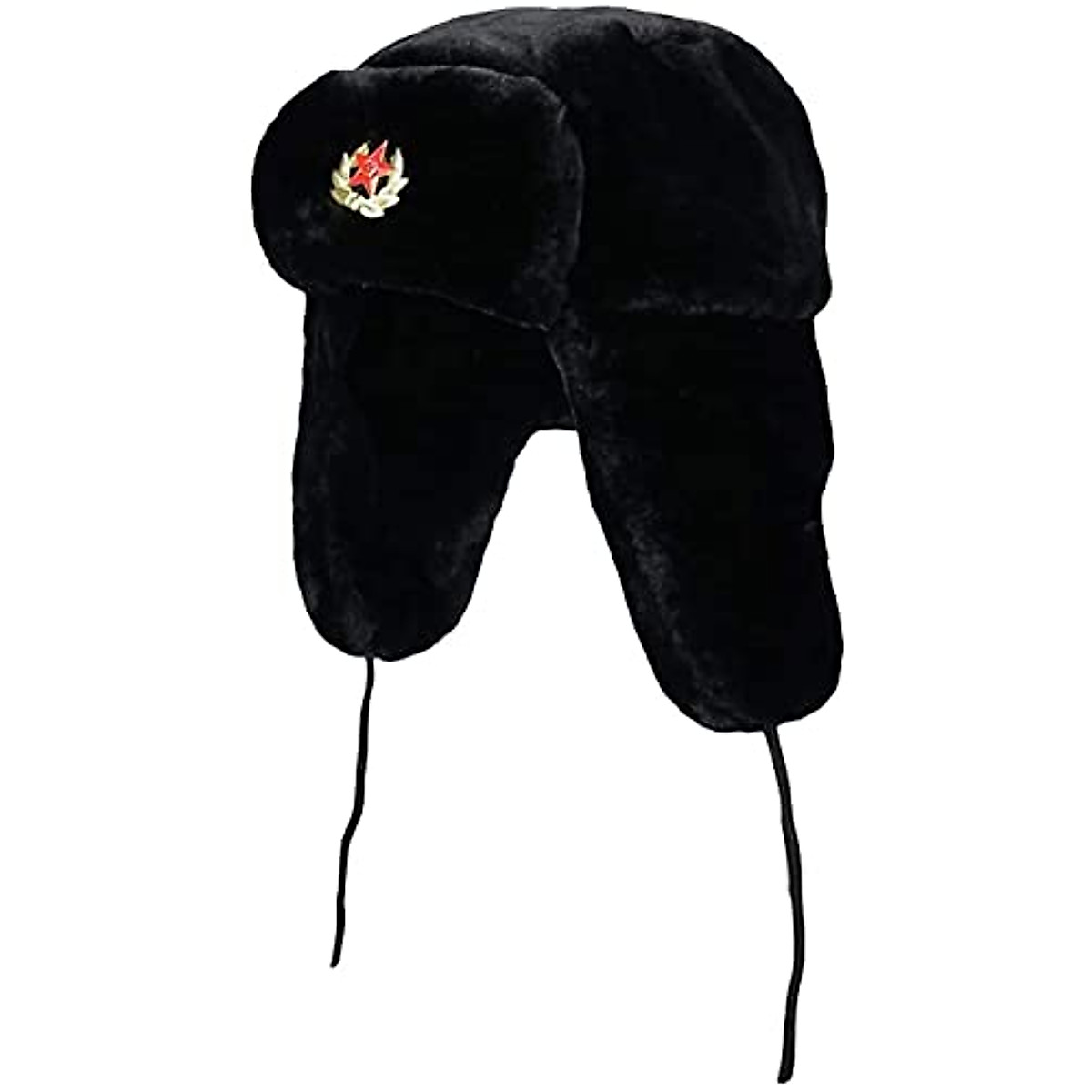 Loxdonz Ushanka Russian Military Hat with Ear Flaps and Soviet Badge, Trapper Ski Hat for Winter (One Size, Black)