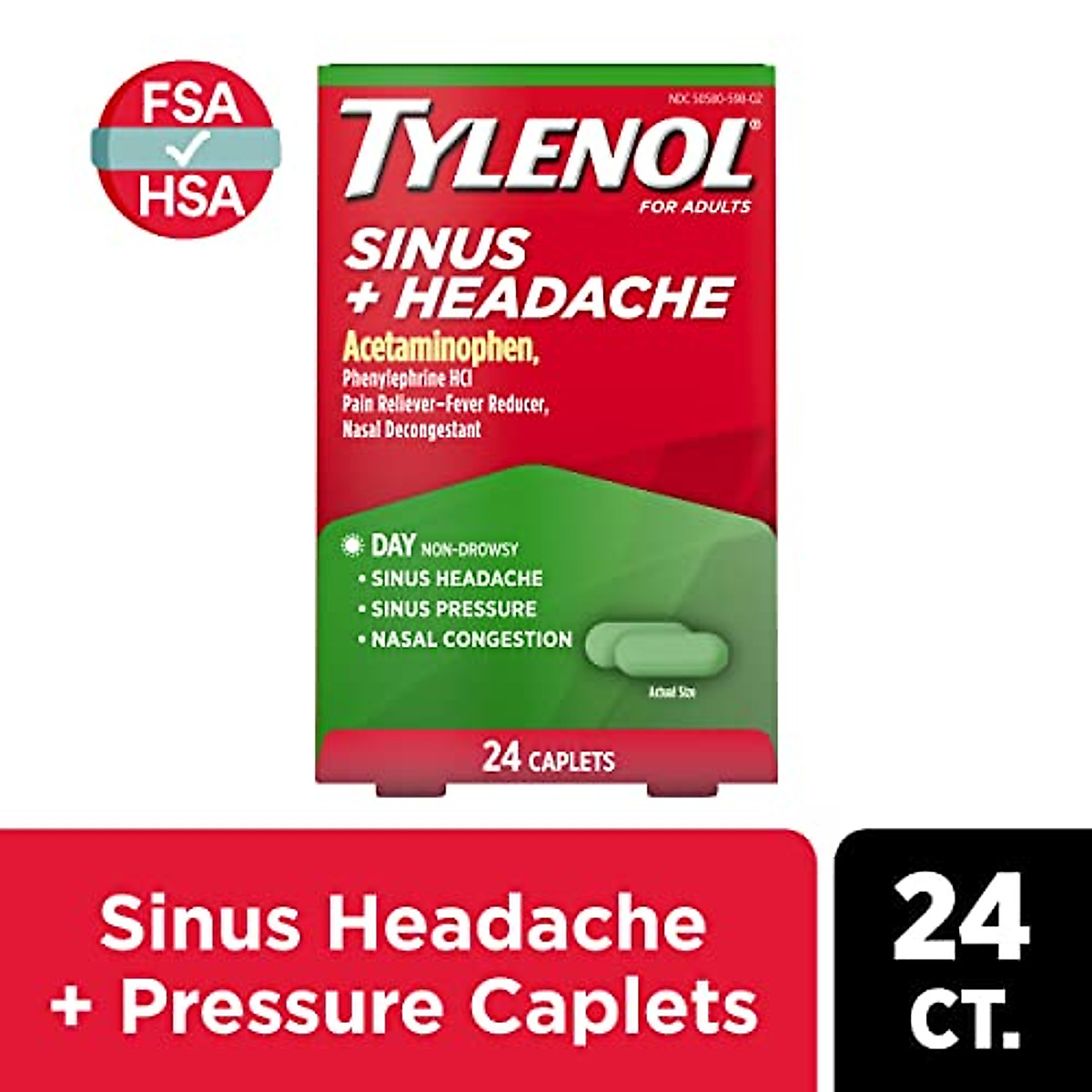 Tylenol Sinus + Headache Daytime Non-Drowsy Relief Caplets, Acetaminophen 325mg, Nasal Decongestant for Sinus Pressure, Headache & Nasal Congestion Relief, 24 ct