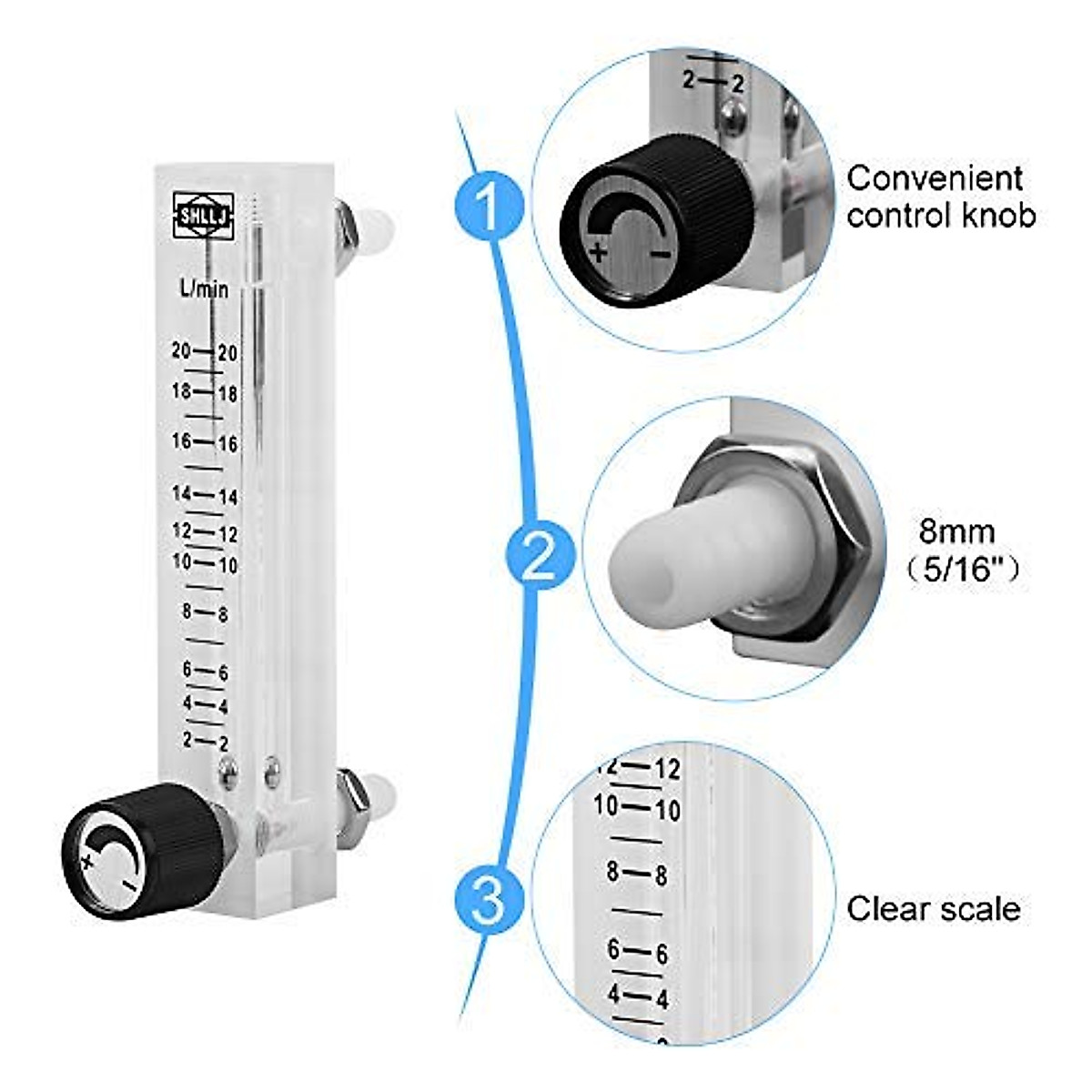Gas Flowmeter, LZQ-7 Flowmeter 2-20LPM Flow Meter with Control Valve for Oxygen Air Gas