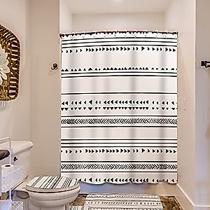 Rtteri 4 Pcs Boho Shower Curtain Sets with Rugs, 72 x 72 Inch Fabric Bathroom Curtains Set with Hooks Water Absorbent Bath Rugs Toilet Lid Cover Black White Chic Triangle and Geometric Bathroom Decor