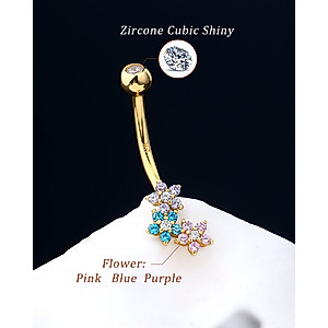 Melighting Solid Gold Belly Button Ring Gold Flower Belly Ring Clear CZ 9K Gold Belly Piercing Jewelry 14G Navel Ring for Women
