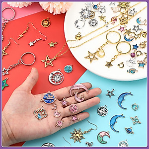 160 Pcs Bracelet Charms, Mixed Antique Sun Star Moon Charm Pendant Plated Celestial Charm for Jewelry Making (Silver, Gold, Blue, Purple)