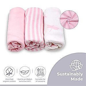 Jam Naturals- Organic Knotted Tie Bottom Adjustable Velcro Swaddle and Hat Set of 3, Newborn Sleep Sack (0-3m, 7-14lbs Pink)