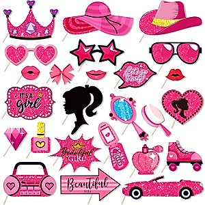 Kristin Paradise 25Pcs Hot Pink Photo Booth Props for Girls Women, Birthday Bachelorette Bridal Shower Theme Selfie Props, Princess Doll Party Supplies, Photography Backdrop Decorations