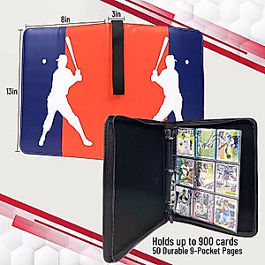 Baseball Card Binder with Sleeves - 3 Ring Waterproof Card Album with 50 Sleeves, Zipper Close, Large Capacity Card Holder Stores 900 Sports Cards (Baseball)