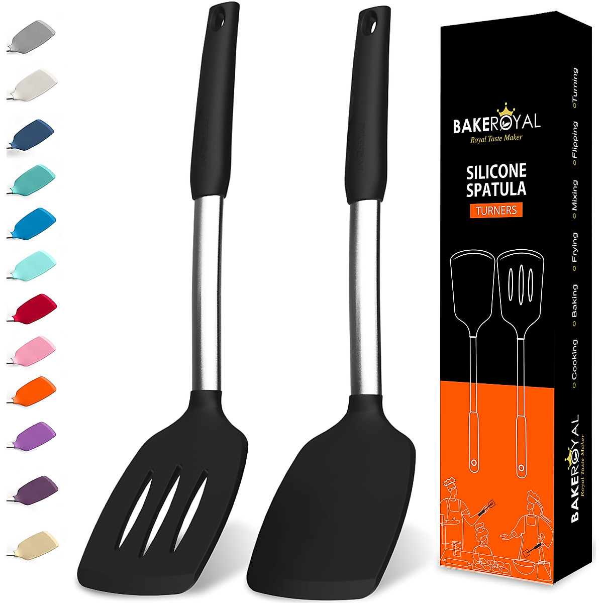 BakeRoyal Silicone Spatula Set - Turner Spatulas Silicone Heat Resistant 600°F - Slotted & Solid Silicone Spatulas for Cooking Fish, Eggs, Pancakes Flipper – Silicone Cooking Utensils Set – Black