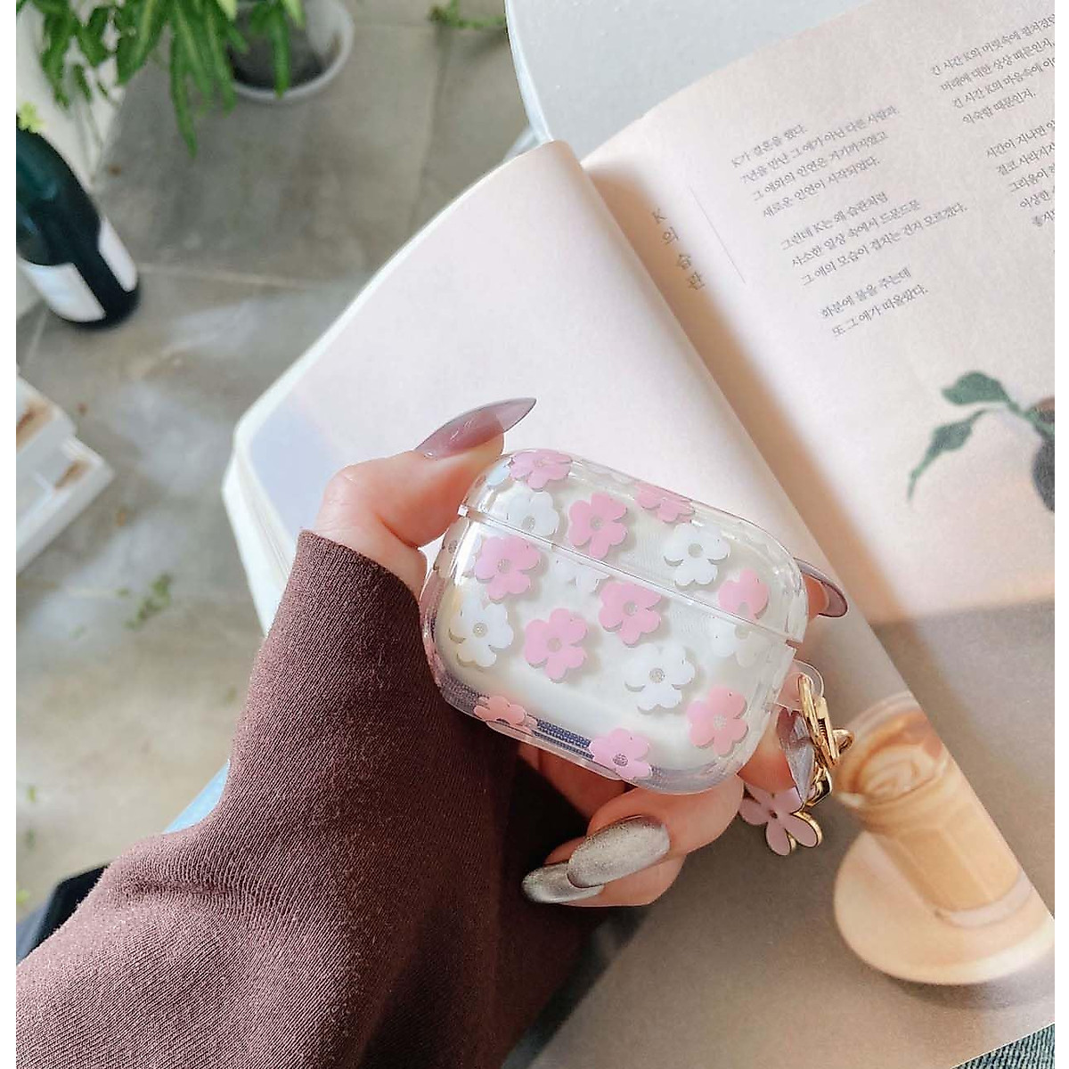 Fycyko for AirPods 2nd 1st Gen Case,Clear Cute Glitter Flower Floral Design for AirPods Case with Keychain,Women Girl Soft Smooth TPU Protective Cover for Airpods 2/1-Pink White