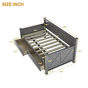 Oudiec Twin Daybed with Storage Drawers,Solid Pinewood Bedframe with Guardrail for Boys/Girls/Teens/Kids Bedroom,No Box Spring Needed,Gray