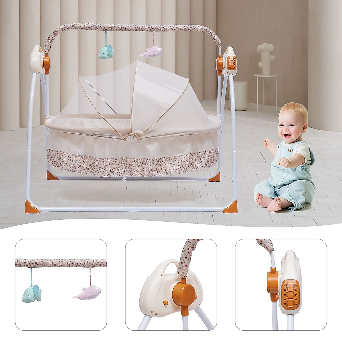 LOYALHEARTDY Baby Cradle Swing 5 Speed Electric Stand Crib Auto Rocking Chair Bed with Remote Control Infant Musical Sleeping Basket for 0-18 Months Newborn Babies, Mosquito Net+Mat+Pillow (Khaki)