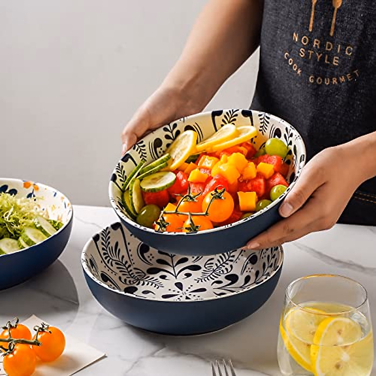 Selamica Ceramic 8-inch Printing Bowls, 30 Ounce Large Pasta Salad Bowls, Wide and Shallow Soup Bowls, Microwave Dishwasher Safe, Set of 4, Blue Floral.