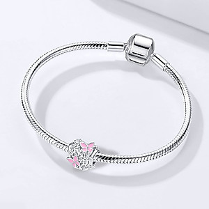 QeenseKc Butterfly Flower Garden Charm Pink Enamel Heart Crystal Openwork Bead fit Pandora Charm Bracelet, Pink
