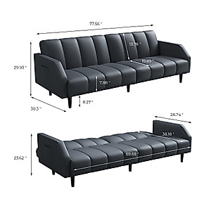 COPIAE Leather Futon Sofa Bed Couch, Piano Key Design 78“ Faux Leather Sofa, Adjustable Backrest, Sleeper Sofa Couch, Modern Decor Love Seat Couches, Upholstered Loveseat for Living Room, Grey