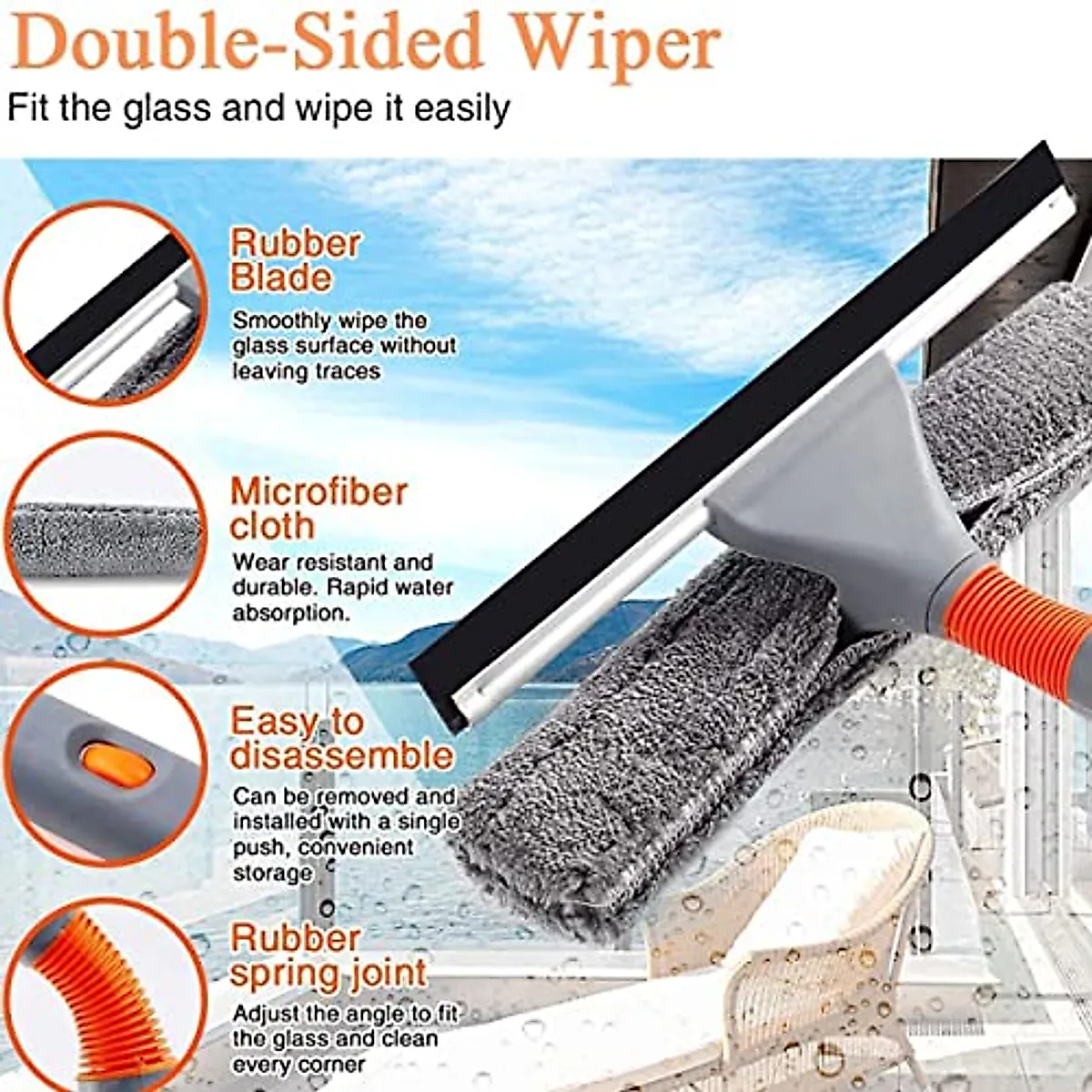 Baban Window Squeegee Cleaner, 2 in 1 Window Cleaning Tool with Straight Extension Pole, 100'' Telescopic Window Washing Equipment with Bendable Head for Car Glass Indoor Outdoor High Windows