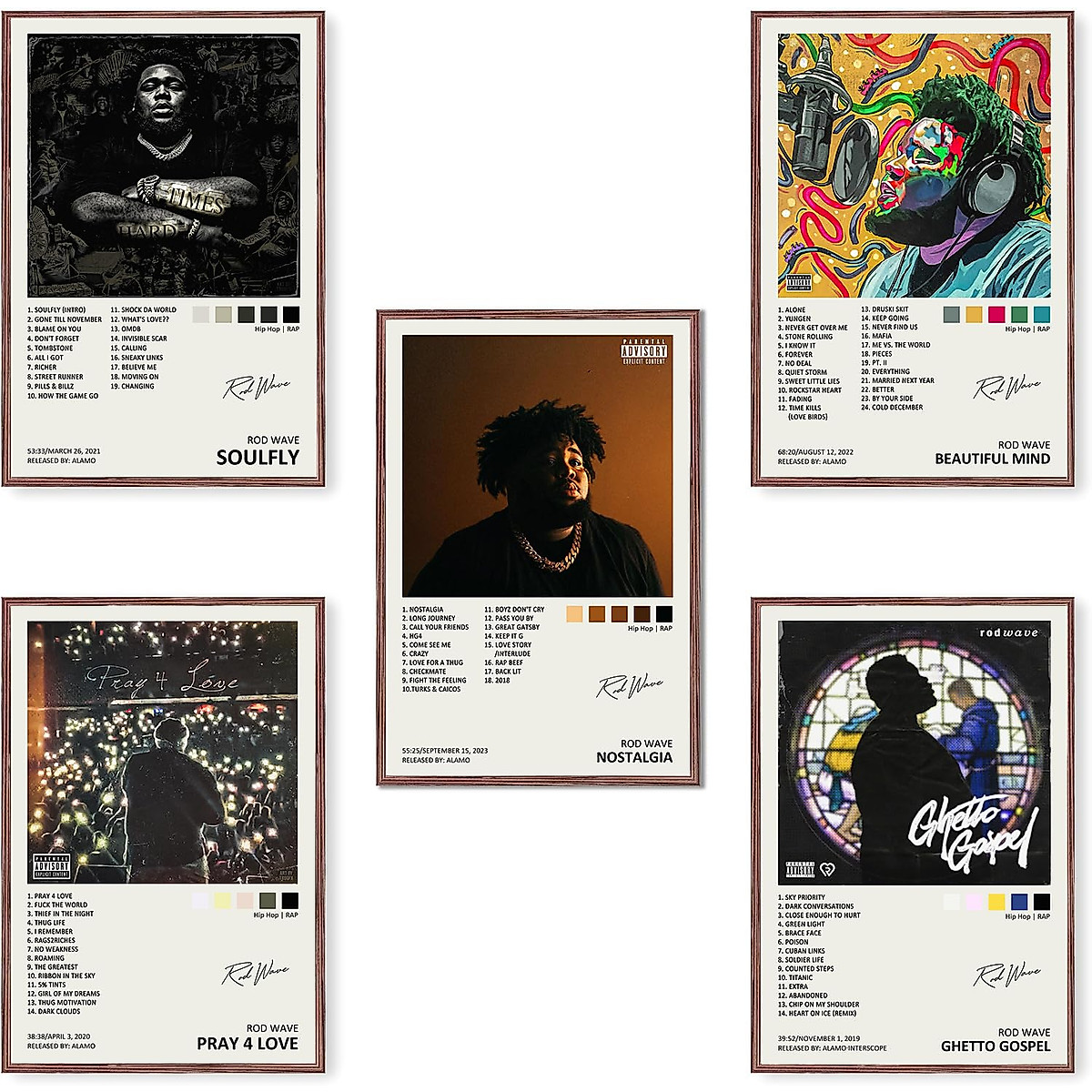 YGULC Rod Poster Wave Nostalgia Beautiful Mind Soulfly Ghetto Gospel Pray 4 Lover Music Album Cover Signed Limited Edition Paper Poster (Set of 5) Unframe：08x12inch(20x30cm)