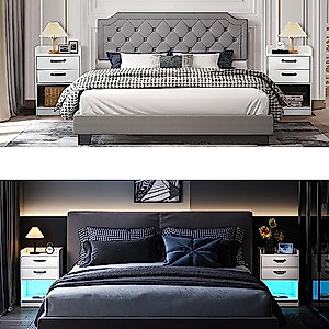 White Nightstand Set of 2 with Charging Station and LED Lights, Modern End Side Table with 2 Drawers and Open Storage for Living Room, Night Stands for Bedrooms Set of 2 White