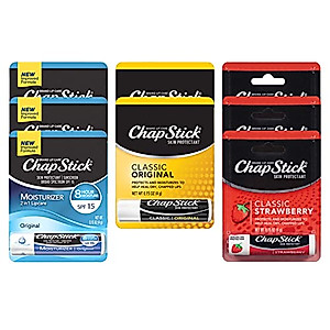 Chapstick Variety Pack Classic Original, SPF 15, & Strawberry Lip Balm Sticks Bulk, 0.15 Oz (8 Count) - Chap Stick Skin Protectant Moisturizer Tubes, Stocking Stuffers - By Dr. Plenty