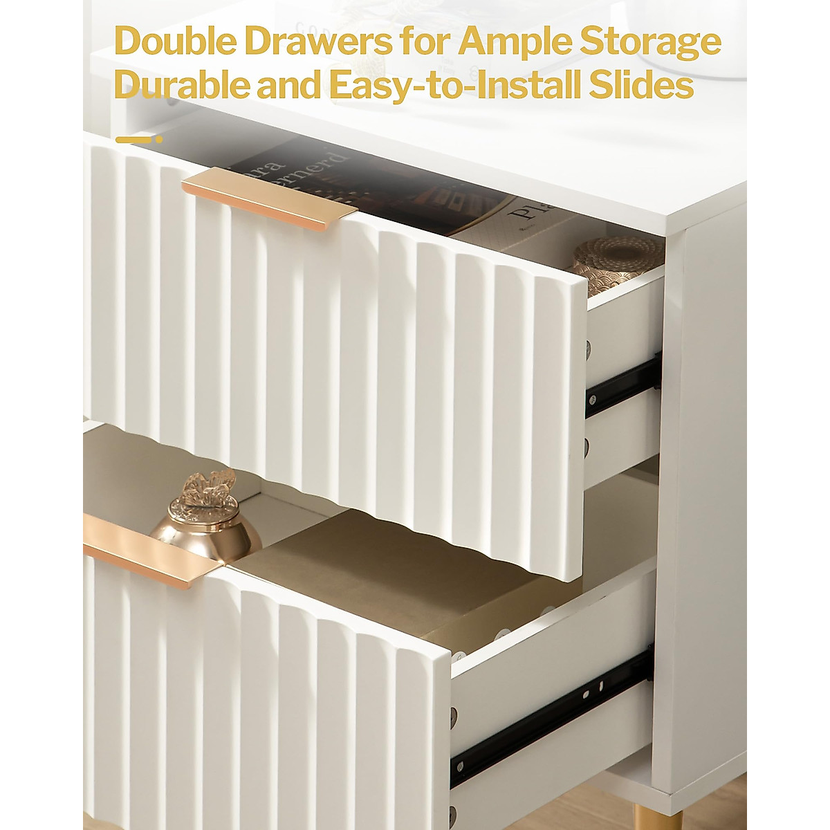 SICOTAS White Night Stand Set 2, Wide Fluted Nightstand with 2 Drawers, Modern Glossy Storage Bedside Table for Bedroom, End Side Table with Golden Metal Legs and Handles（2, White）