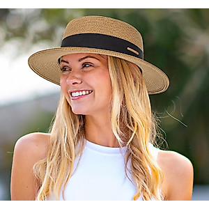 Women's Wide Brim Sun Hat Straw Panama Hat - UV-Protection Summer Boater Fedora Beach-Sun-Hats(M-L)