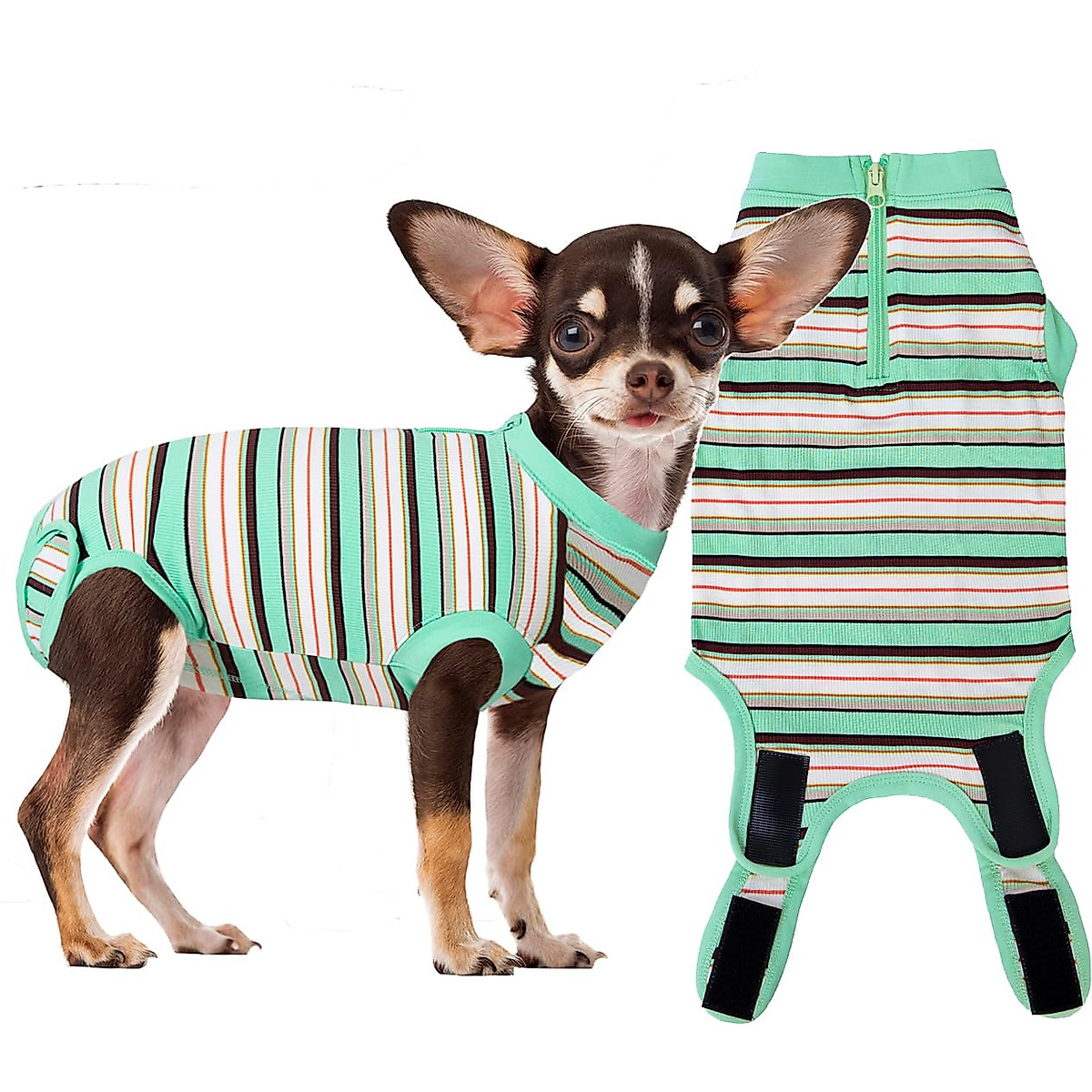 Wabdhaly Dog Surgery Recovery Suit,Surgical Recovery Suit for Small Female Dgos Spay,Zipper Closure,Combed Cotton Breathable Onesie,Multi Green Striped XS