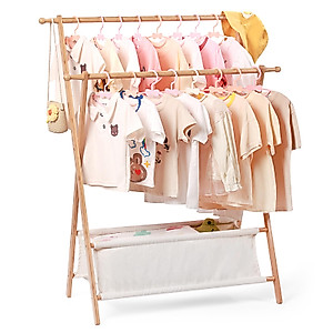 Relquorax Bamboo Kids Clothing Rack with Dual Poles, Child Dress Up Rack, Clothing Organizer Rack, Small Garment Rack with Storage, Perfect for Costumes and Accessories (Natural Color)