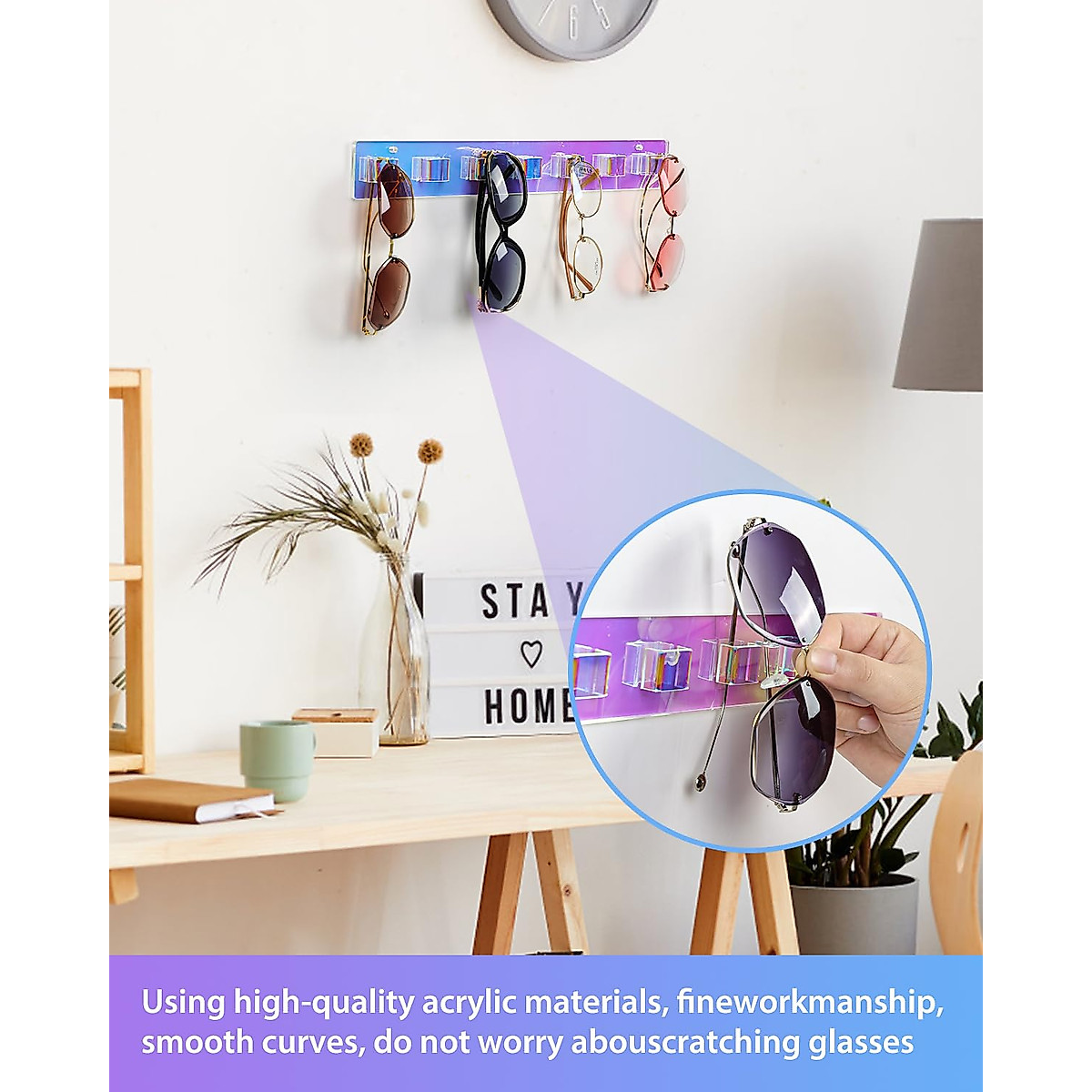 SILFGRLF Sunglasses Holder Organizer, 2 Pack Acrylic Sunglasses Organizer Wall Mounted Eyeglasses Display Holder Eyewear Glasses Hanging Rack for Entryway Living Room Bedroom(Iridescent)