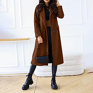 Coats For Women, Woolen Coat Winter Long Solid Double Breasted Sleeves Pocketless Coat Outwear Decoration Coat Women Cropped Blazer Jackets Full Length Puffer Coat Jacket (XL, Brown)