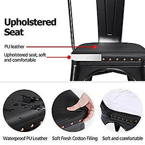 Yaheetech 4pcs Metal Dining Chairs with PU Leather Seat High Back Soft Cushioned Industrial Classic Iron Chairs Chic Dining Bistro Cafe Coffee Chair 18 Inch Black