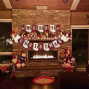 O-heart Merry Christmas Banner, Burlap Stockings Plaid Christmas Decorations, Merry Christmas Sign for Mantel Fireplace Christmas Tree Farmhouse Hanging Decoration Christmas Door Decorations