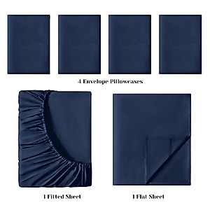 BYSURE 6 Pieces Bed Sheets Set(Queen, Blue Navy) - Hotel Luxury Super Soft 1800 Thread Count 100% Microfiber Sheets with Deep Pockets, Wrinkle & Fade Resistant