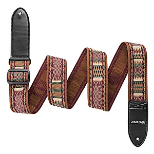 Amumu Guitar Strap Brown Diamond Grill Retro Chevron Polyester Woven for Acoustic Electric Bass Guitars with Genuine Leather Ends + Free Rubber Strap Blocks &amp; Headstock Tie