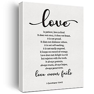 Bible Verse Art Wall Decor 1 Corinthians 13:4-8 Love Never Fails Scripture Canvas Painting Print for Home Living Room Decor Framed Artwork Christian Wedding Gifts(12x15 Inch)