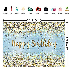 WDA Blue Happy Birthday Backdrop Golden Diamond Shiny Bokeh Photography Background Sweet Girl Party Photo Decoration Banner Dessert Cake Table Supplies (7x5FT)