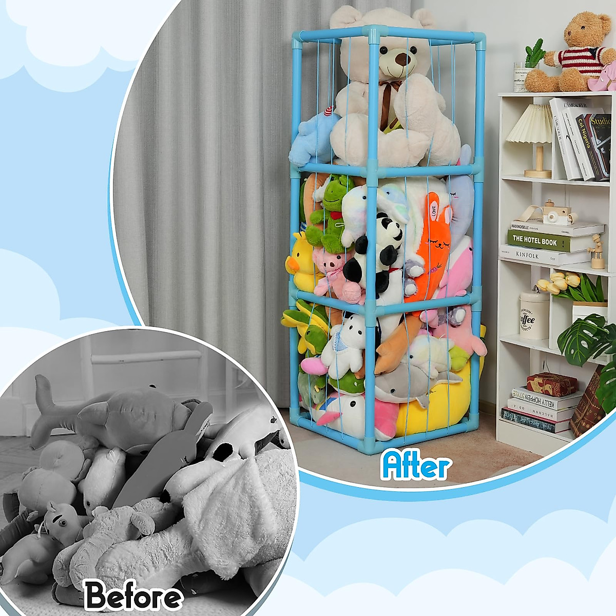 Essenhome Large Stuffed Animals Storage, Zoo Stuffed Animal Holder Space Save Vertical Stuffed Animals Storage PVC with Elastic Band and Net for Playroom Birthday Gift for Bedroom Nursery (Blue)