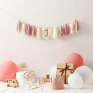 Ikubigu Highchair Banner for 1st Birthday, Handmade Birthday Crown, Highchair Banner, Cake Topper, Baby Shower Photo Props, Birthday Party Decorations Set for Baby Girl Baby Boy(Pink)
