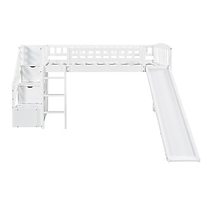 Harper & Bright Designs Twin Size Loft Bed with Slide and Stairway, Wooden Low Loft Bed with Storage for Kids Girls Boys (White)
