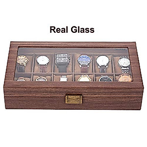 READAEER 12 Slot PU Leather Watch Box Organizer Watch Case with Glass Top