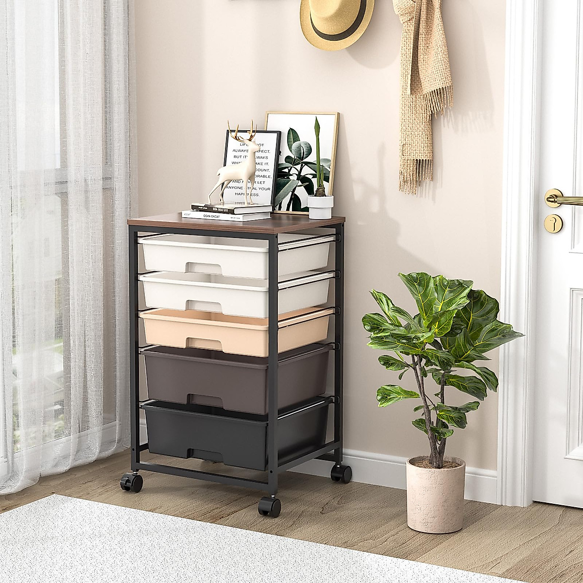 TOOLF Utility Cart with 5 Drawers,Storage Drawer Cart with Wooden Tabletop and Lockable Wheels,Craft Storage Trolley Cart,5-Tier Rolling Utility Cart on Wheels (Brown)