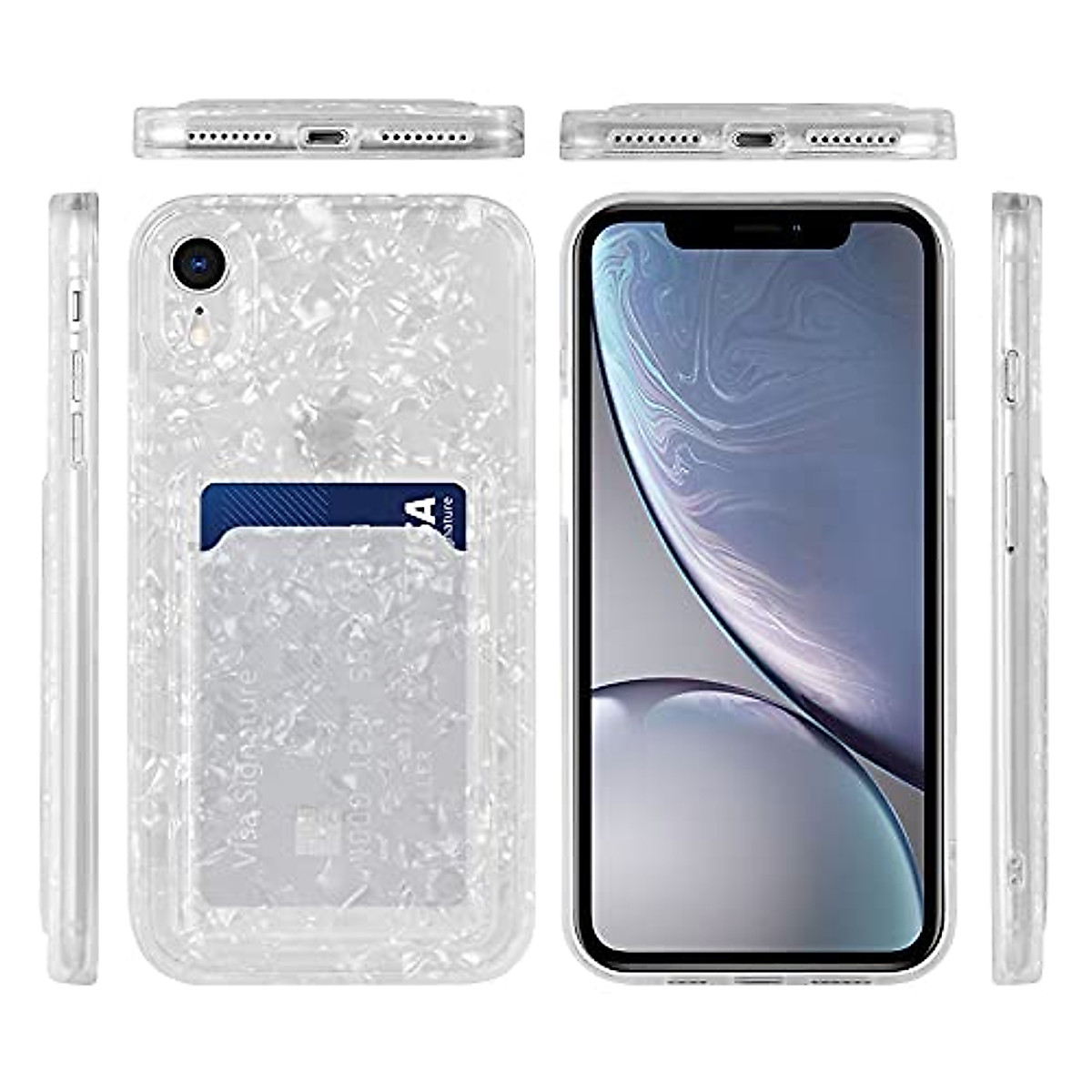 ZIYE Designed for iPhone XR Case with Card Holder for Women Girls Shell Pattern TPU Protective Phone Bumper ID Card Wallet Pocket with Screen Protector Ring Holder White