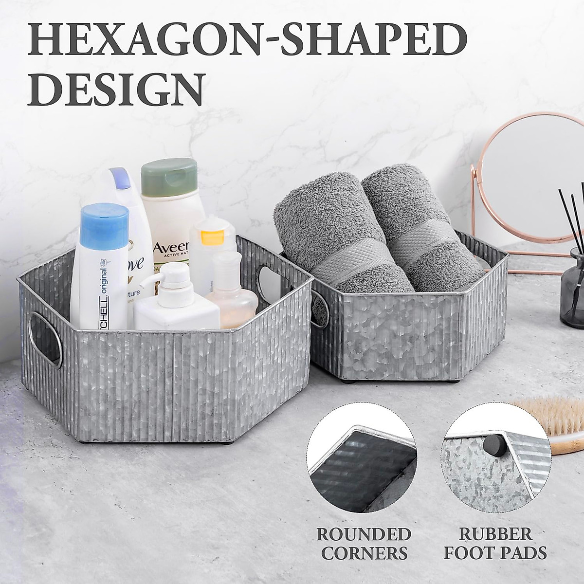 MyGift Rustic Corrugated Galvanized Silver Tone Metal Hexagonal Decorative Baskets, Home Storage Organizer Bins with Nesting Design and Cutout Handles, 2 Piece Set