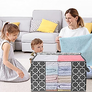 GhvyenntteS Clothes Storage Bag 3 Pack Large Capacity Organizer with Reinforced Handle Thick Fabric for Blankets, Sweater , Foldable Comforter Storage Bags with Sturdy Zipper & Clear Window, 100L, Grey