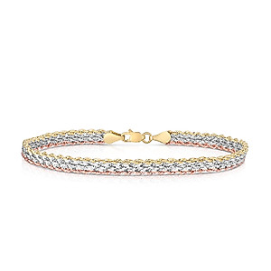 Floreo 10k Tri Color Gold Triple Strand Rope Chain Bracelet, 7.5”