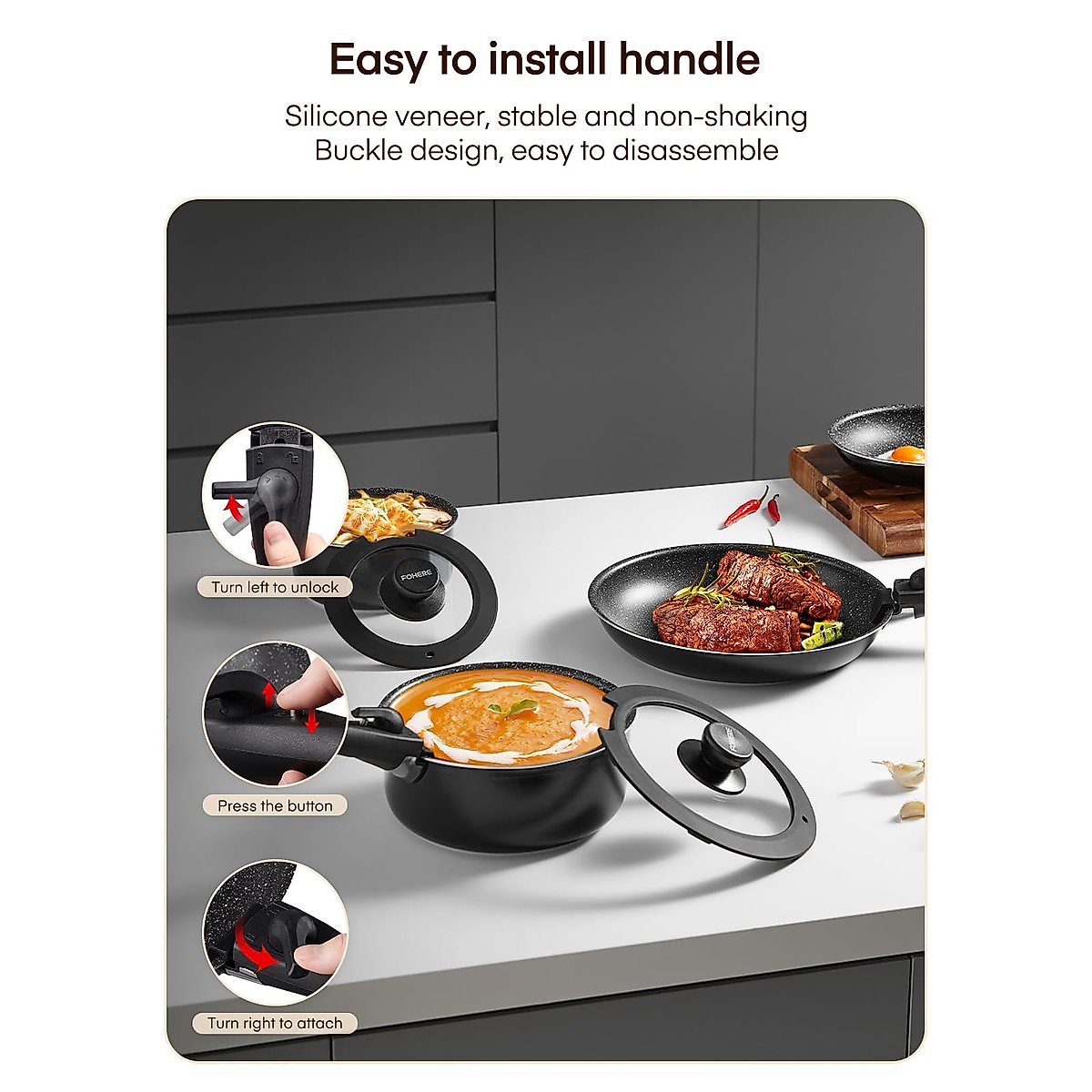 FOHERE 8pcs Pots and Pans Set with 2 Detachable Handles, Aluminum Nonstick Cookware Set, Induction Pan Set, RV Cookware Set, Oven Safe, Stackable